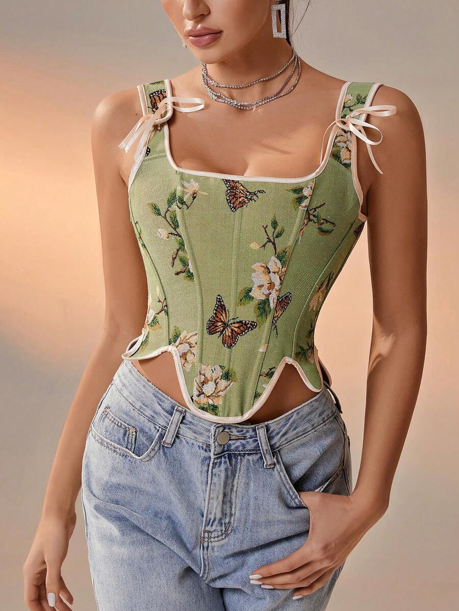 Floral & Butterfly Print Asymmetrical Hem Grommet Lace Up Corset Top ...