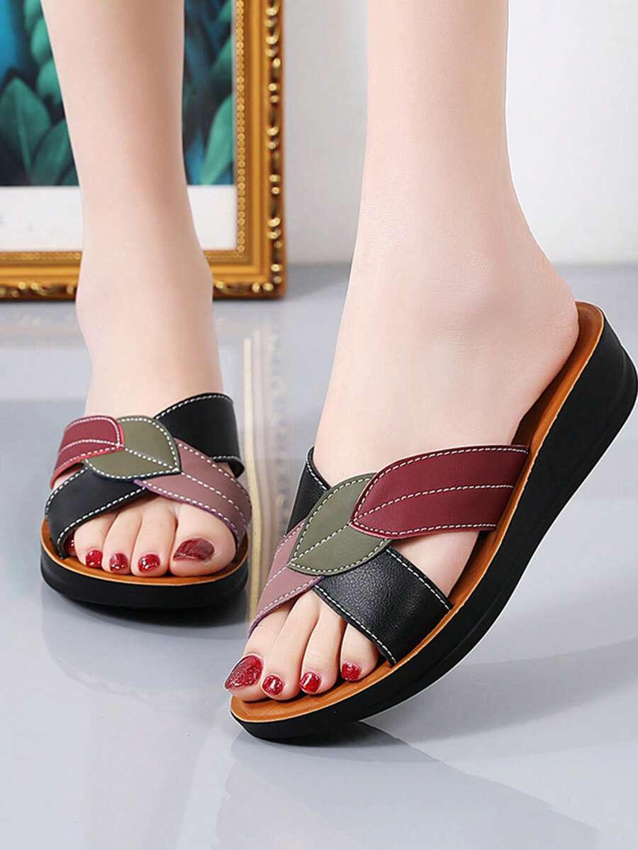 Fashion Sandals For Women, Colorblock Stitch Detail Wedge Slide Sandals ...
