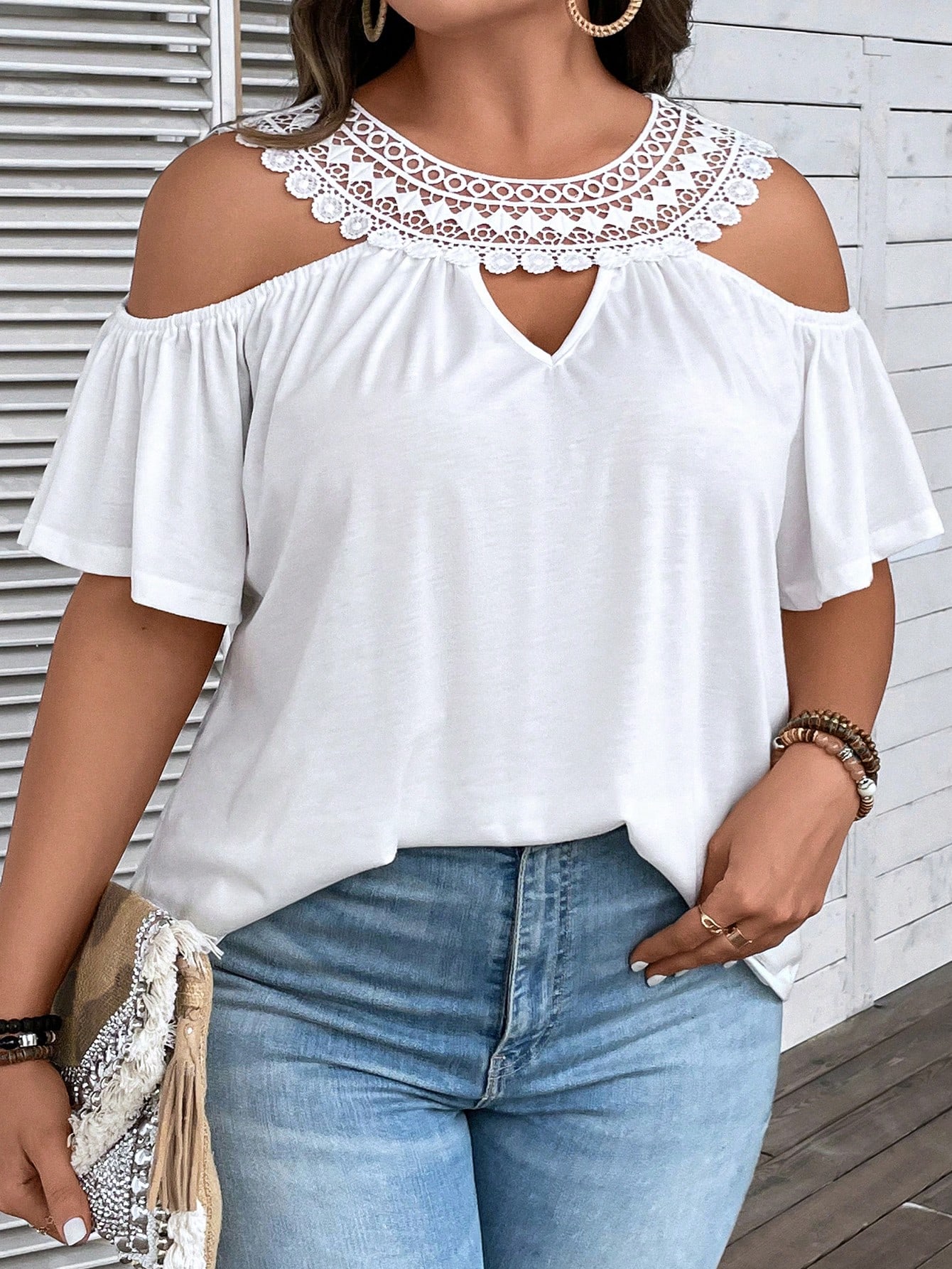 Plus Guipure Lace Panel Cold Shoulder Top Shein Usa