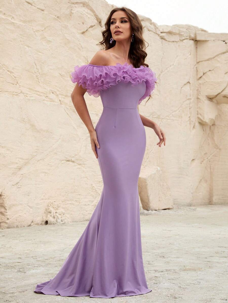 Off Shoulder Exaggerated Ruffle Trim Mermaid Hem Bridesmaid Dress ...