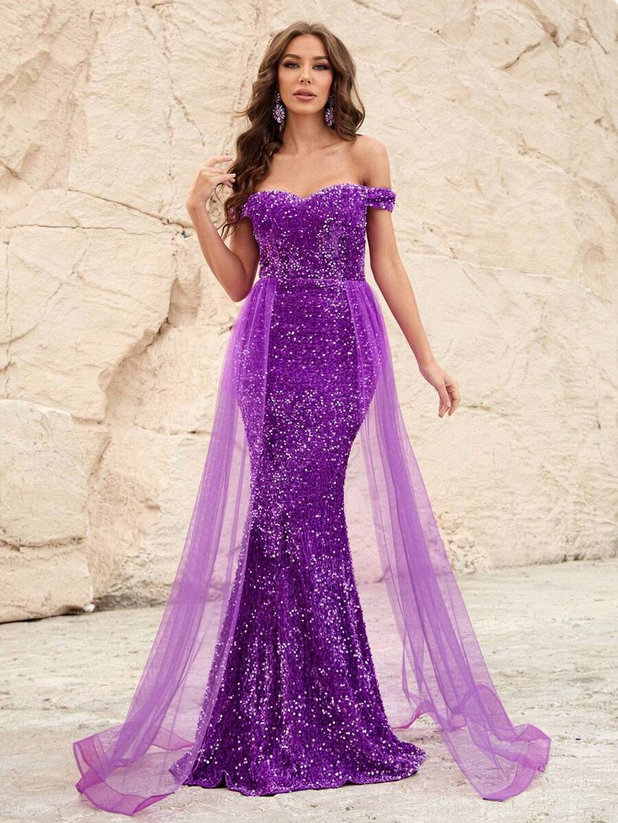 Off Shoulder Sequin Mesh Overlay Formal Dress | SHEIN USA