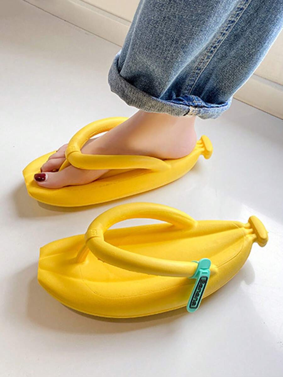 Fashion Yellow Slippers For Women, Letter Patch Decor Toe Post Design ...