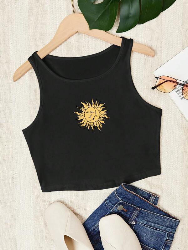 Shein Ezwear Sun And Moon Print Crop Tank Top Shein Usa