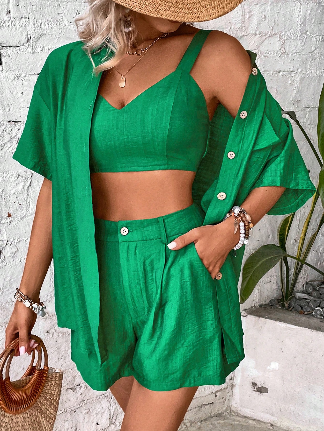 Shein Vcay Solid Cami Top And Button Front Shirt And Shorts Shein Usa