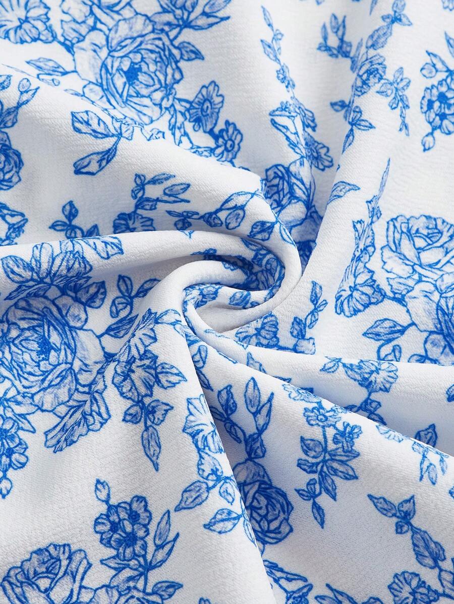 SHEIN MOD Spring Break Allover White And Blue Floral Print Tie Shoulder ...