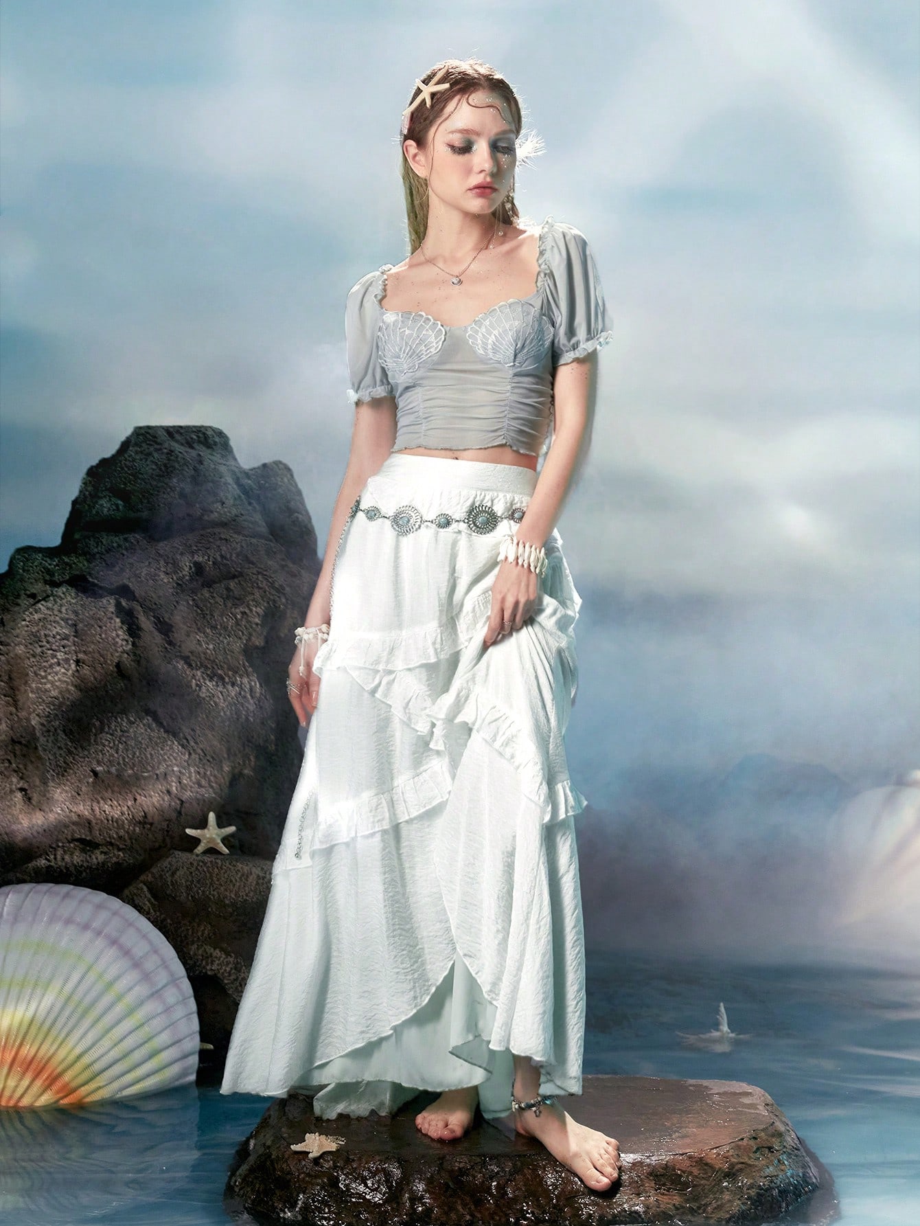 ROMWE Fairycore Mermaid Solid Volang Trim Asymmetrisk Fåll kjol | SHEIN SE