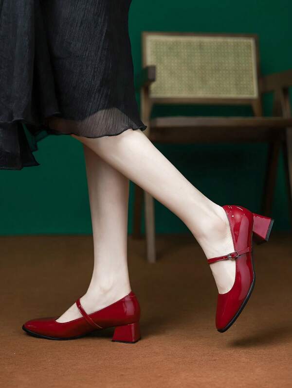 Women Minimalist Mary Jane Pumps, Artificial Patent Leather Chunky ...