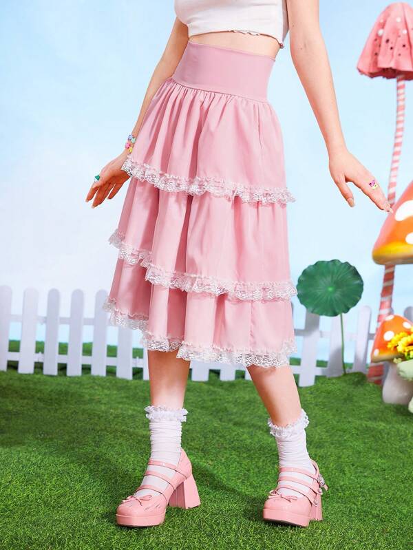 Is That The New Kawaii Contrast Lace Layered Hem Skirt Romwe Usa