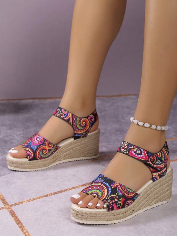 Women Paisley Print Espadrille Ankle Strap Sandals Vacation Summer Wedge Sandals Shein Usa