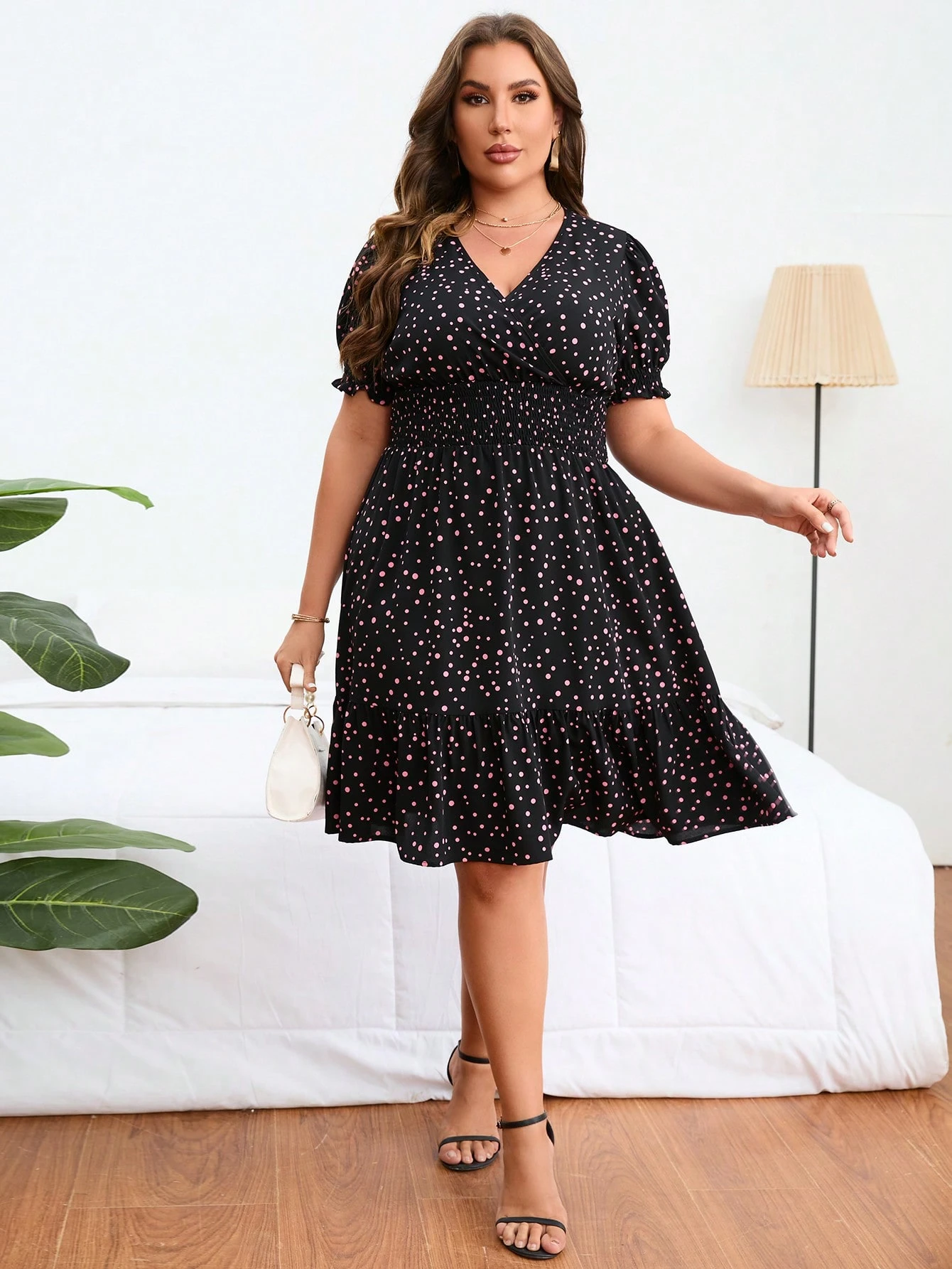 Shein Lune Plus Polka Dot Print Puff Sleeve Ruffle Hem Dress Shein Usa