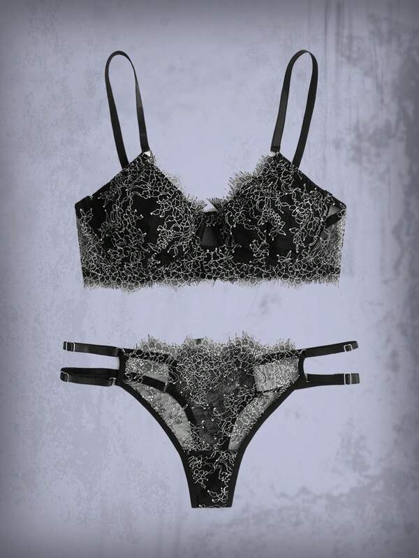 Goth Eyelash Lace Cut Out Lingerie Set Shein Usa