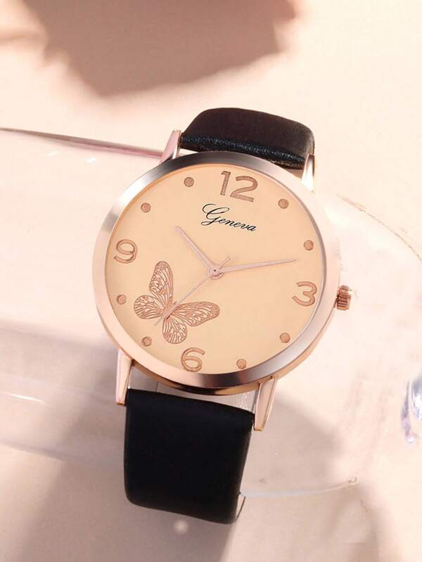 1pc Girls PU Polyurethane Strap Cute Round Dial Quartz Watch & 4pcs ...