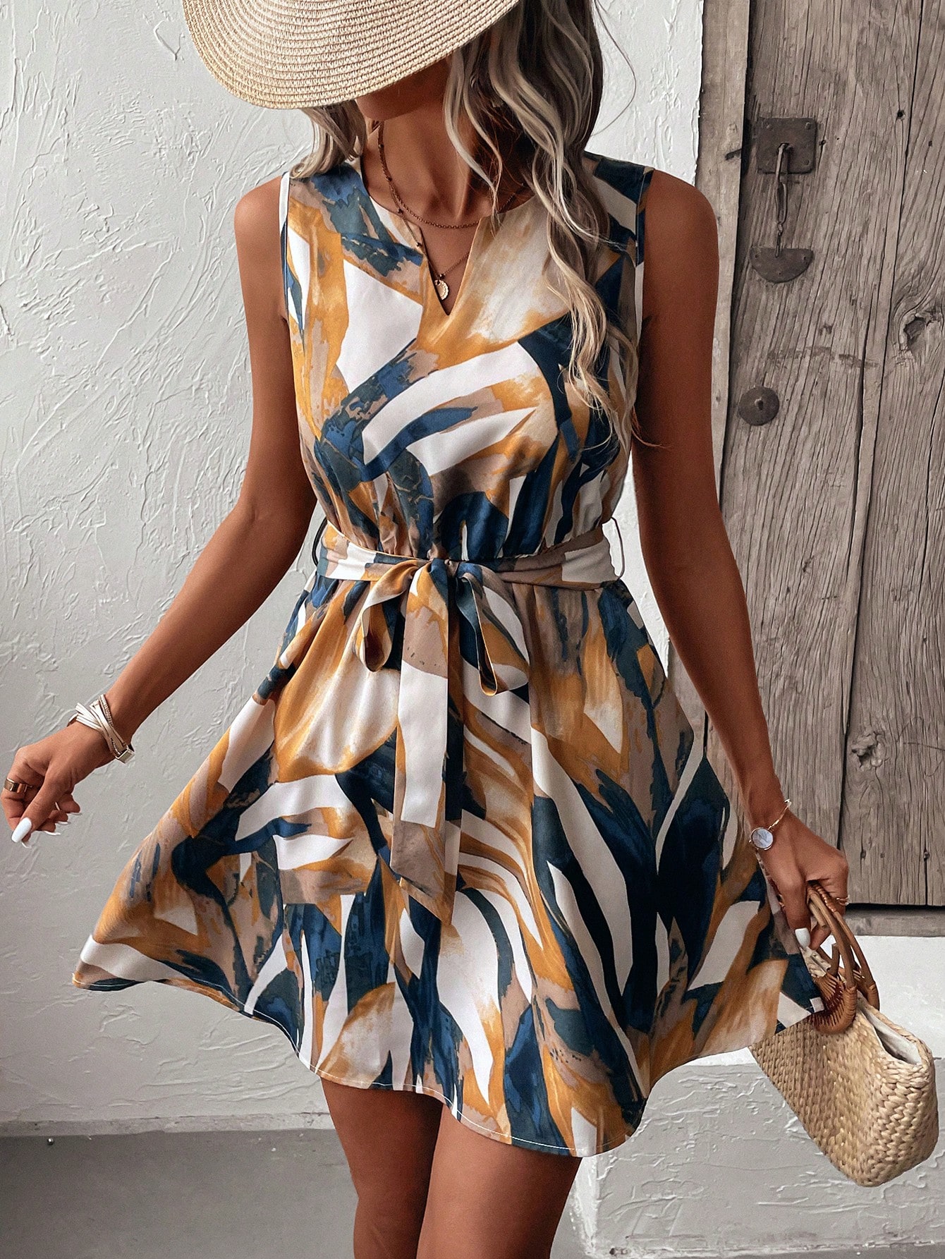 Shein Lune Allover Print Notched Neck Belted Dress Shein Usa