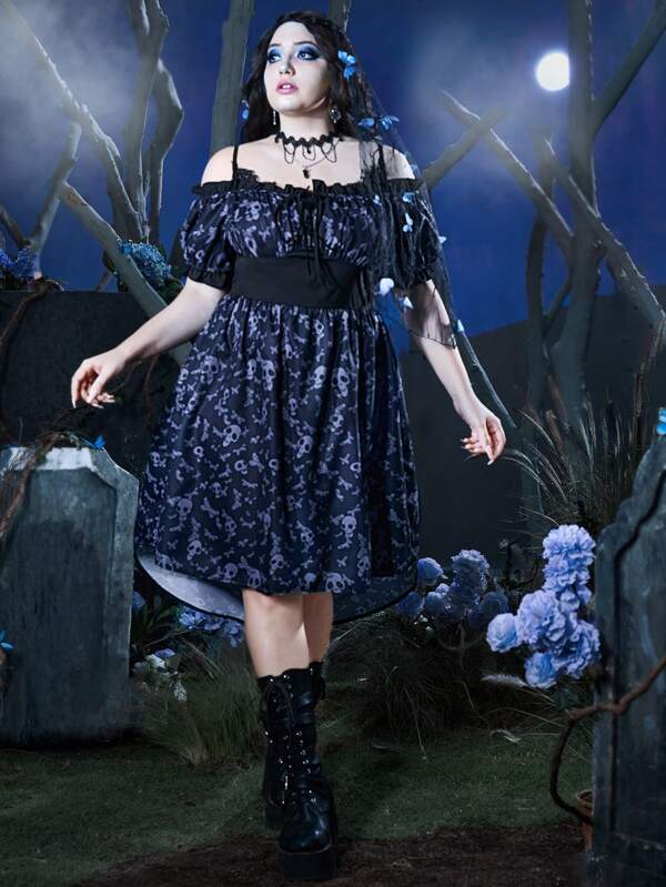 Corpse Bride | ROMWE Plus Skull Print Cold Shoulder Knot Front Dress ...