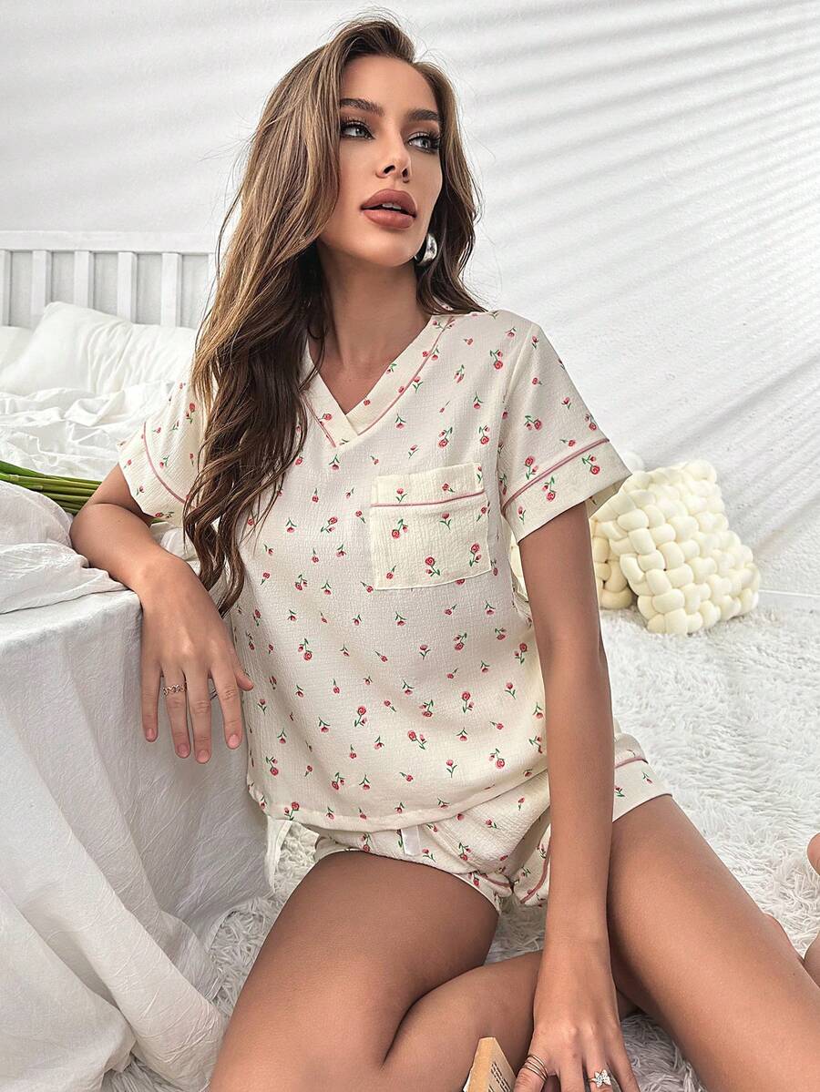 Floral Print Contrast Piping Pj Set Shein Usa