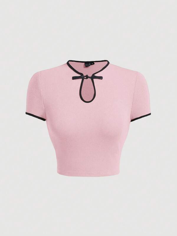 SHEIN MOD Mandarin Keyhole Neck Contrast Binding Tee | SHEIN