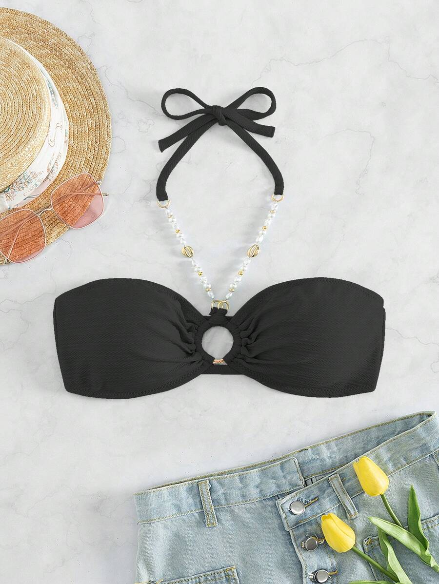 Shein Swim Summer Beach Ring Linked Halter Beaded Halter Bikini Top