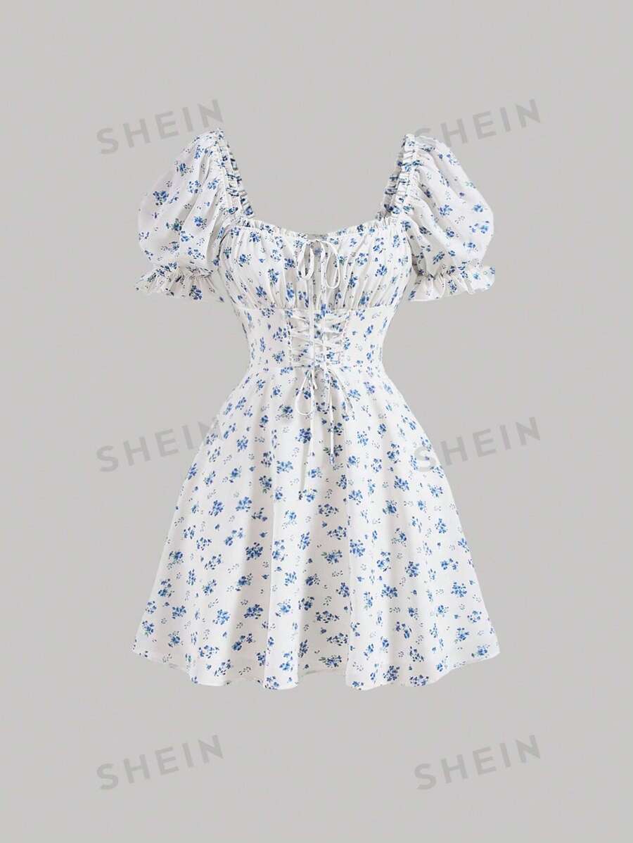 Shein Mod Ditsy Floral Print Tie Front Puff Sleeve Blue And White