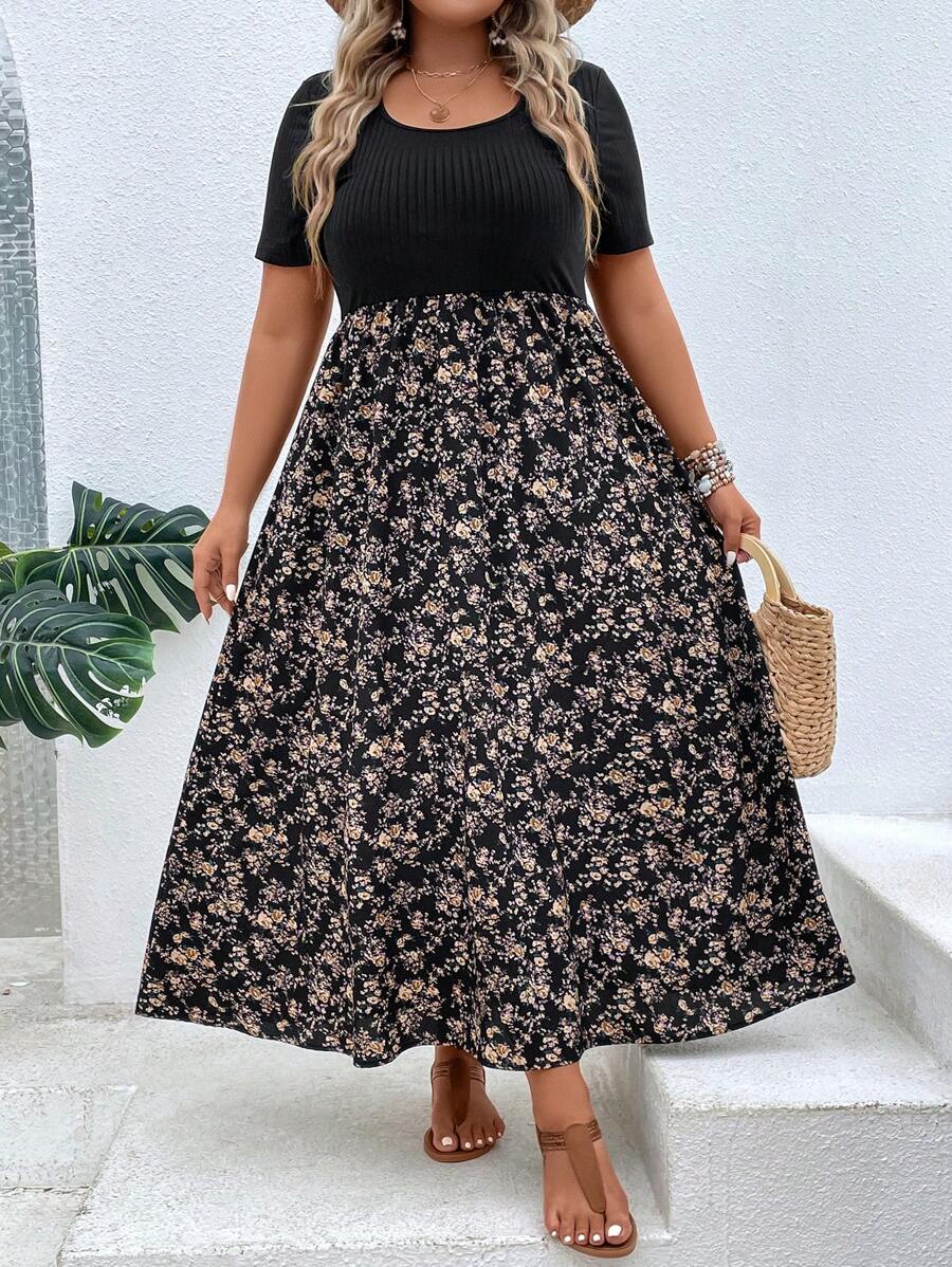 SHEIN Clasi Plus Ditsy Floral Print A-Line Dress Maxi Women Outfit For ...