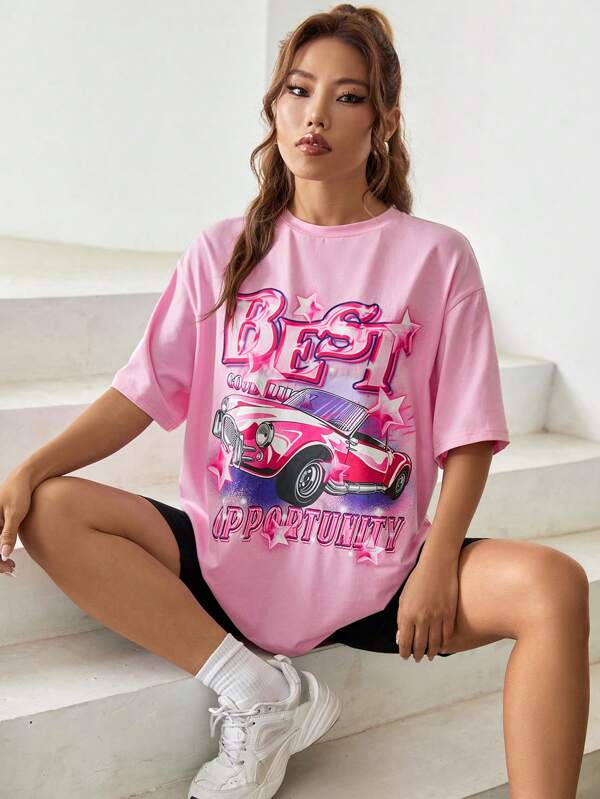 Shein Coolane Car And Letter Graphic Drop Shoulder Tee Shein Usa