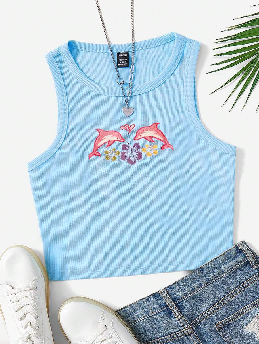 SHEIN EZwear Dolphin Embroidery Tank Top | SHEIN USA