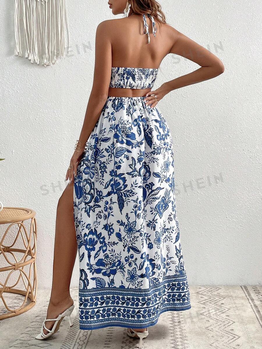 SHEIN VCAY Floral Print Tie Backless Split Waist Cutout Thigh Halter ...