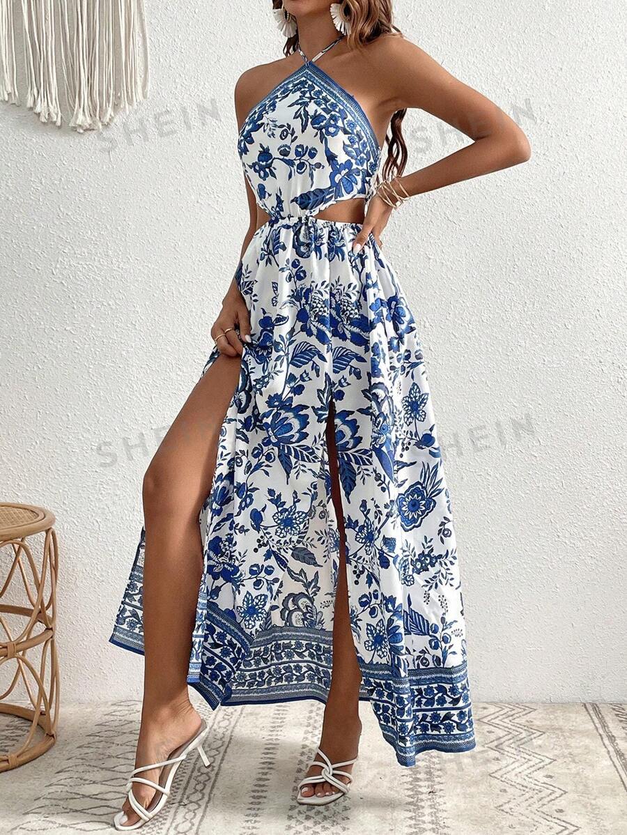 SHEIN VCAY Floral Print Tie Backless Split Waist Cutout Thigh Halter Long Summer Beach Women ...