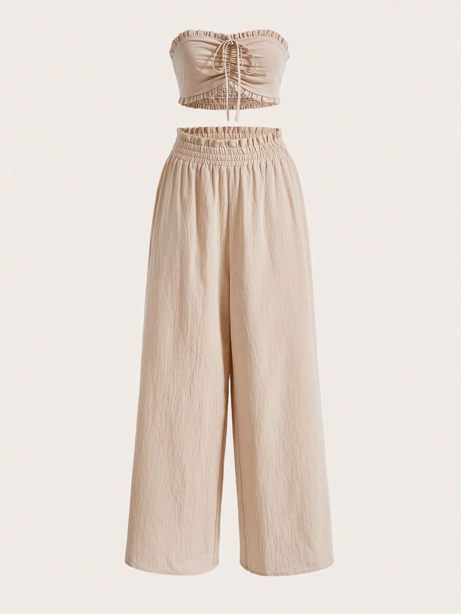 SHEIN EZwear Plus Ruched Tube Top & Wide Leg Pants | SHEIN USA