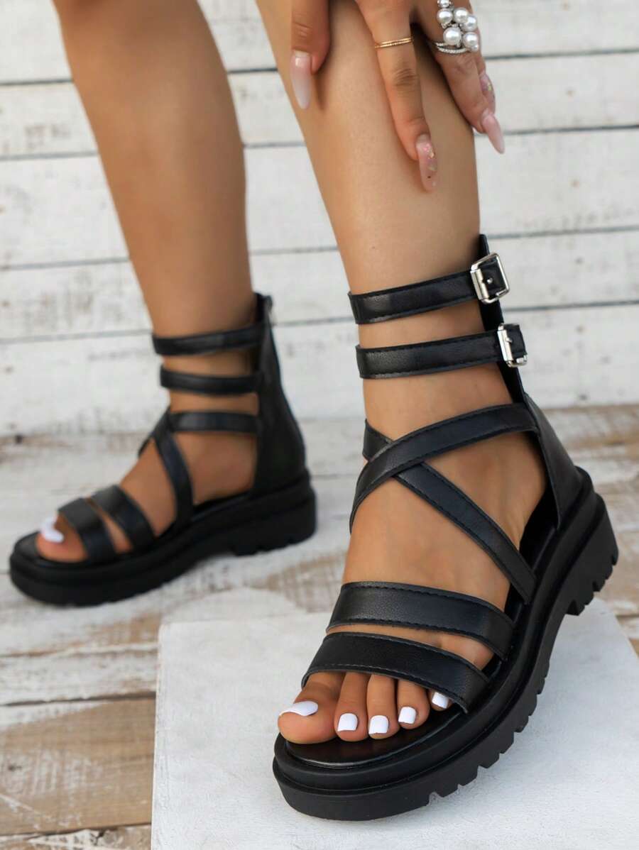 Women Criss Cross Zip Back Gladiator Sandals, Vacation Black Wedge ...
