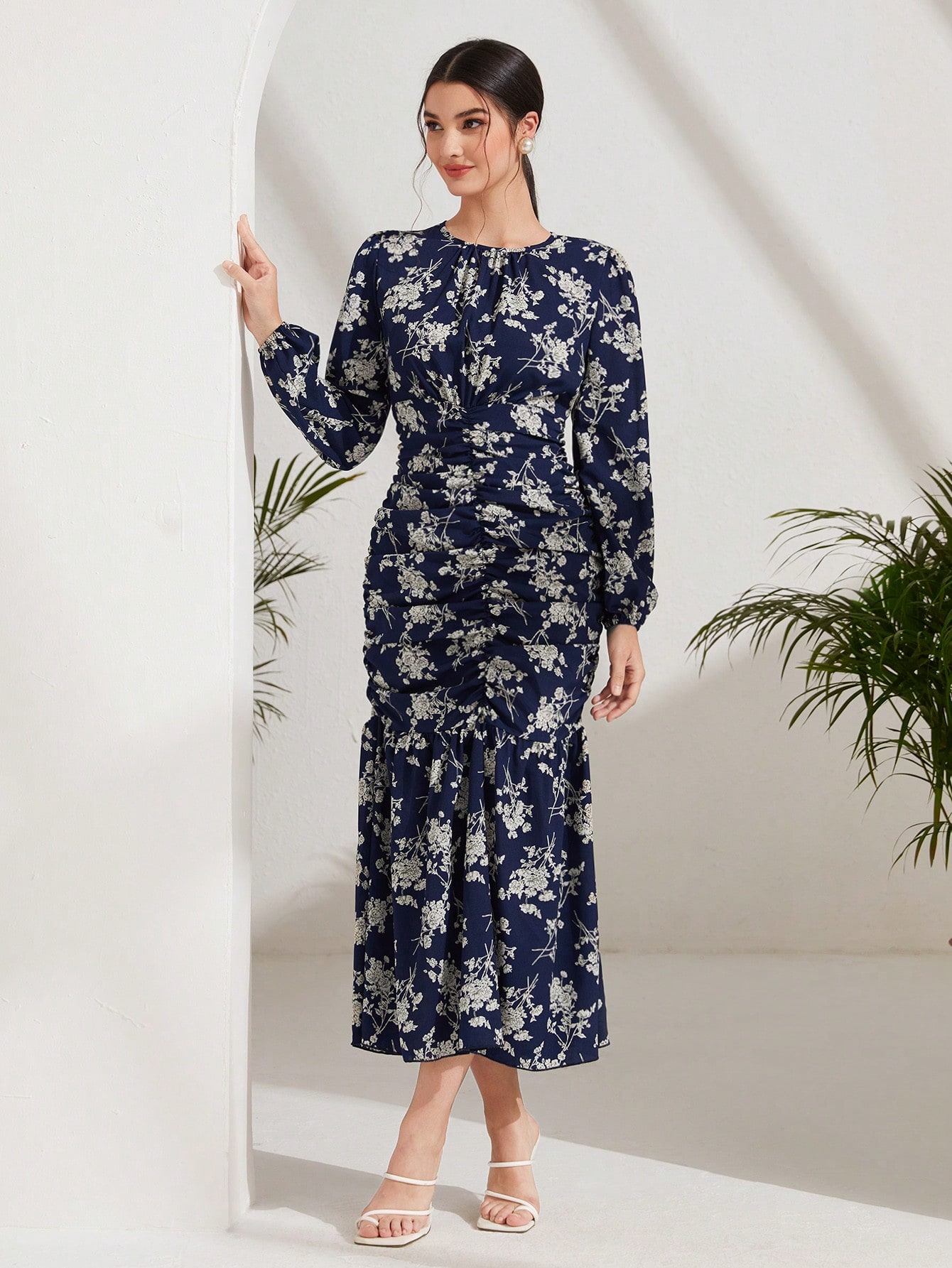 Shein Modely Floral Print Ruched Mermaid Hem Dress Shein Usa