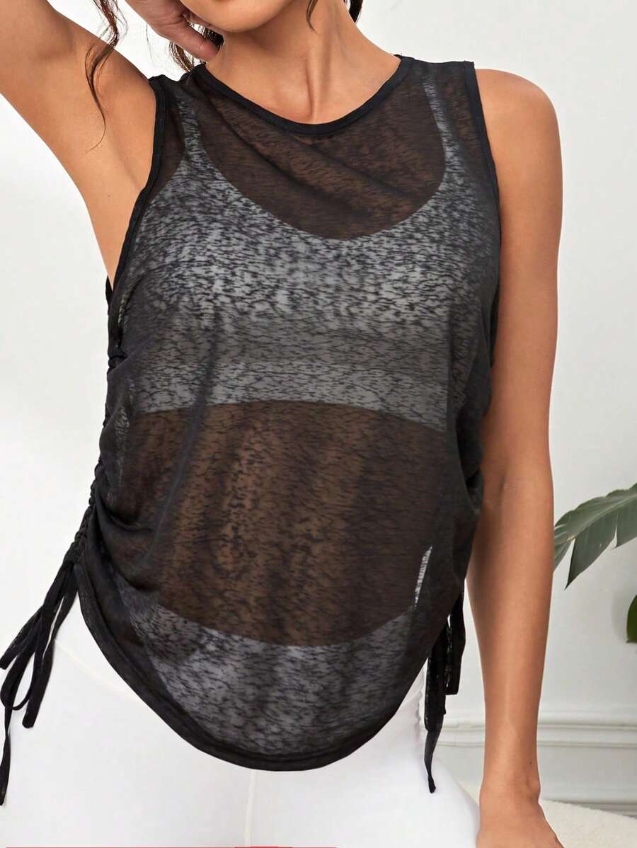SHEIN Sport Studio Drawstring Side Sheer Mesh Sports Tank Top Without ...