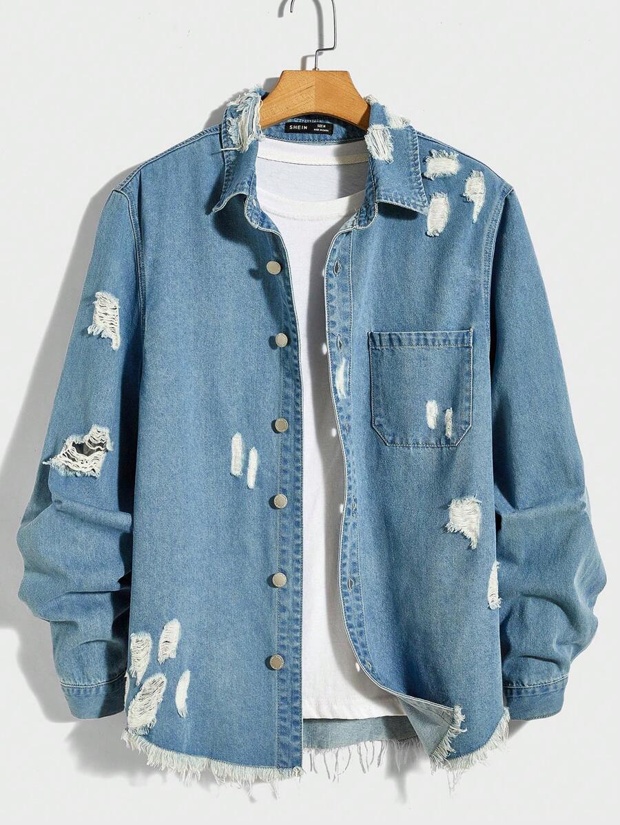 Manfinity RebelGame Men Plus Cotton Ripped Raw Cut Denim Shirt Without ...