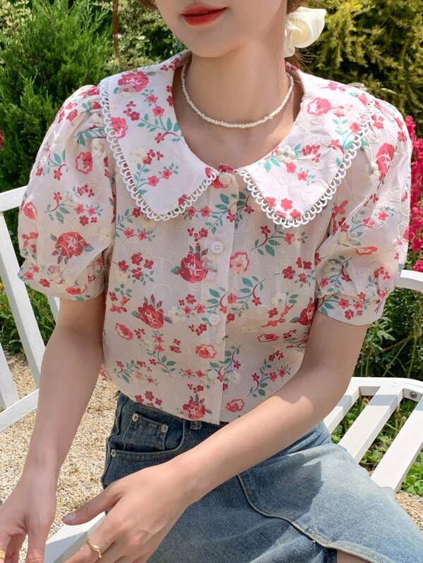 DAZY Allover Floral Print Peter Pan Collar Puff Sleeve Blouse | SHEIN USA