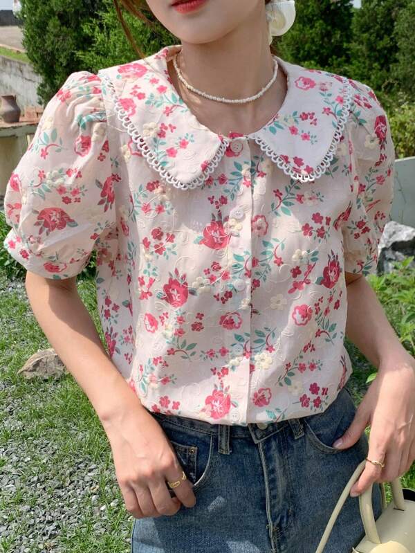 DAZY Allover Floral Print Peter Pan Collar Puff Sleeve Blouse | SHEIN USA