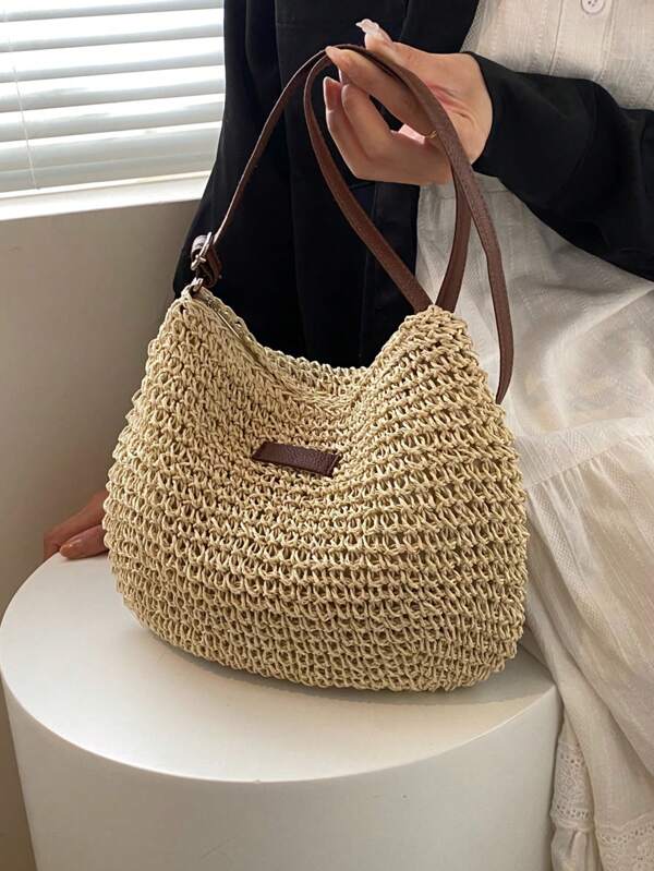 Trendy Woven Straw Bag, Women's Summer Beach Handbag, Large Capacity ...