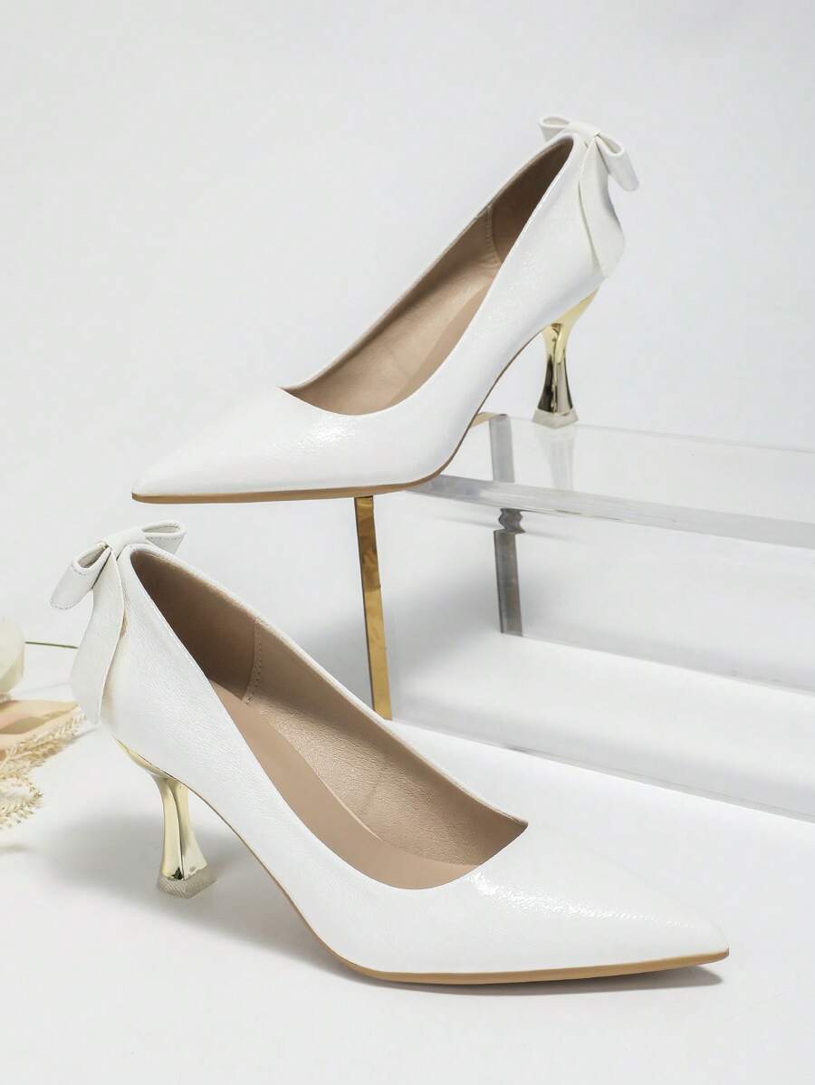 Elegant White Pumps For Women, Bow Decor Point Toe Pyramid Heeled Court ...