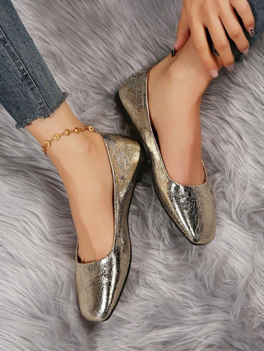 Women Metallic Square Toe Flats, Glamorous Gold Ballet Flats | SHEIN USA
