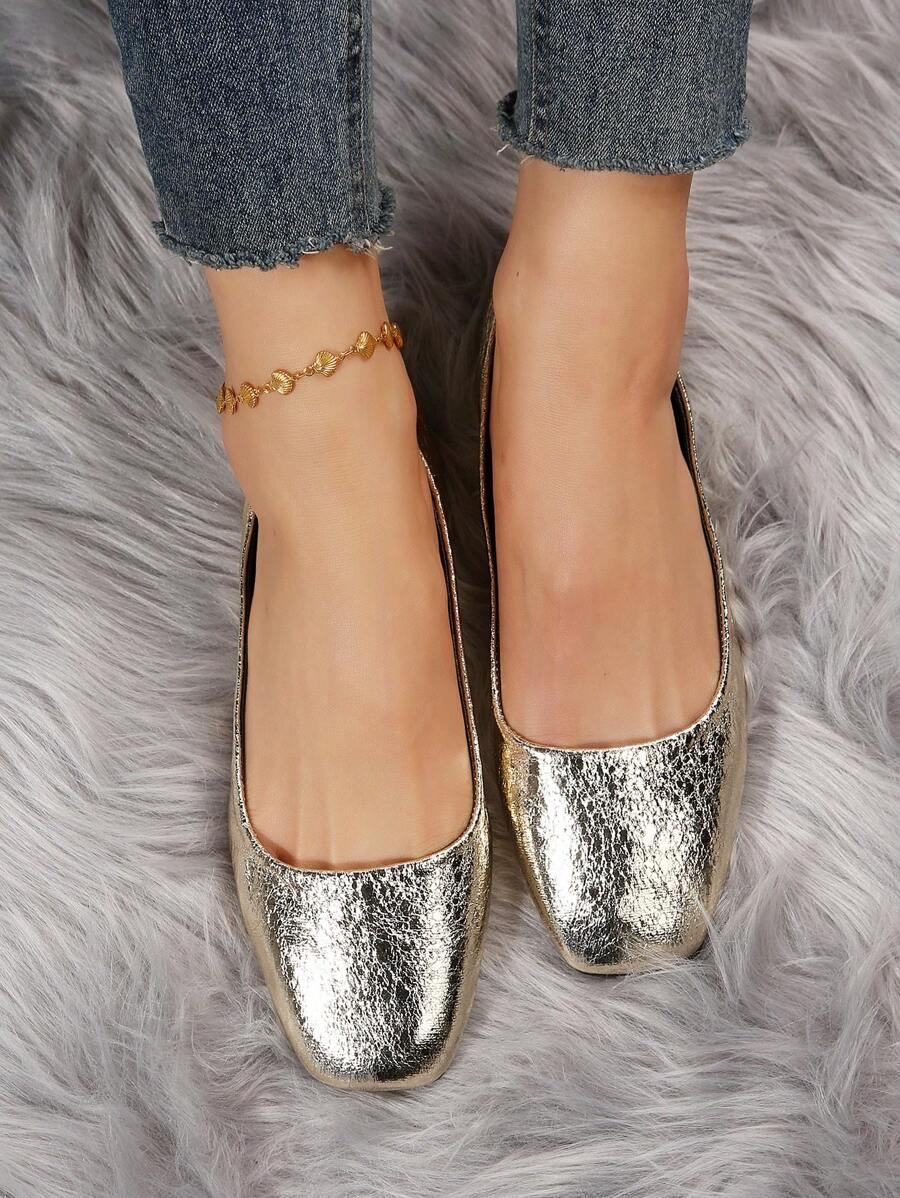 Women Metallic Square Toe Flats, Glamorous Gold Ballet Flats | SHEIN USA