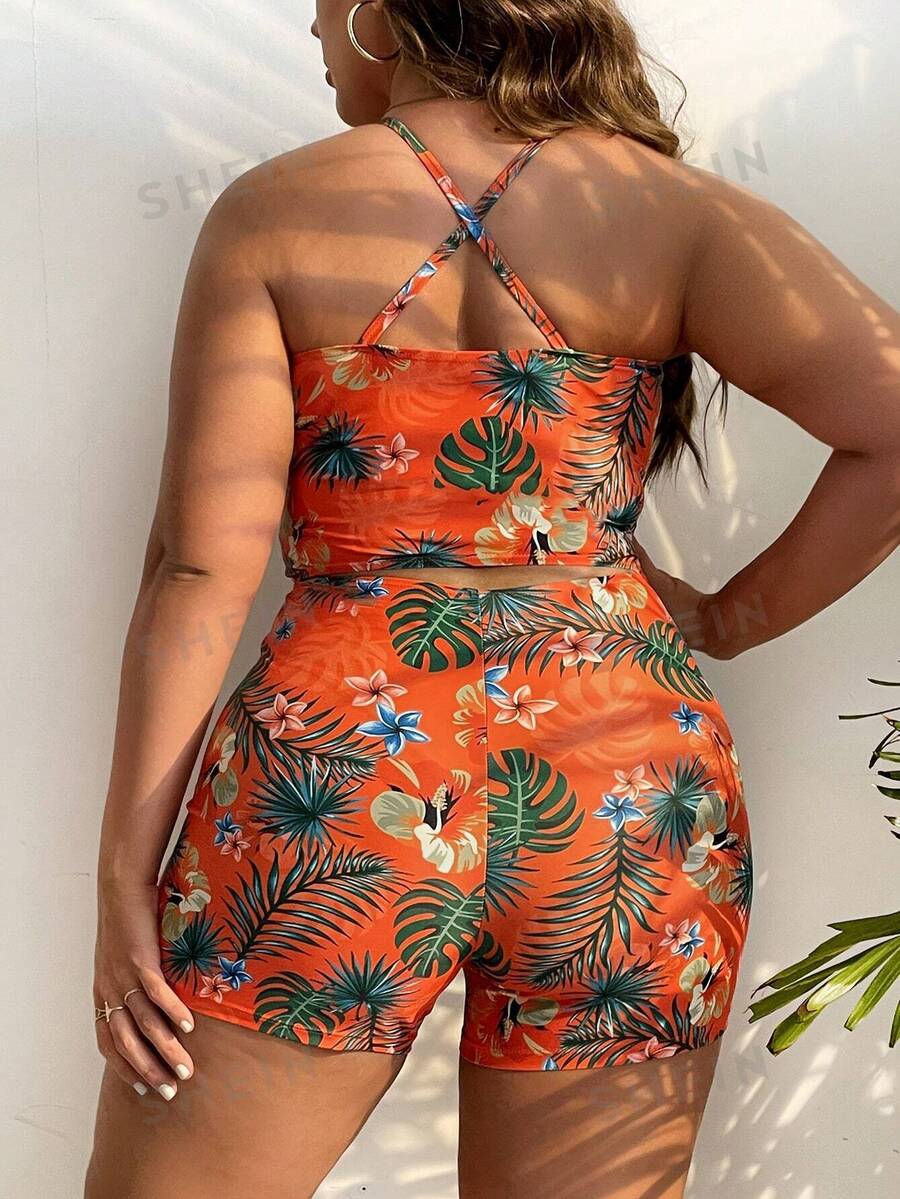 Shein Swim Curve Summer Beach Plus Tropical Print Cut Out Drawstring