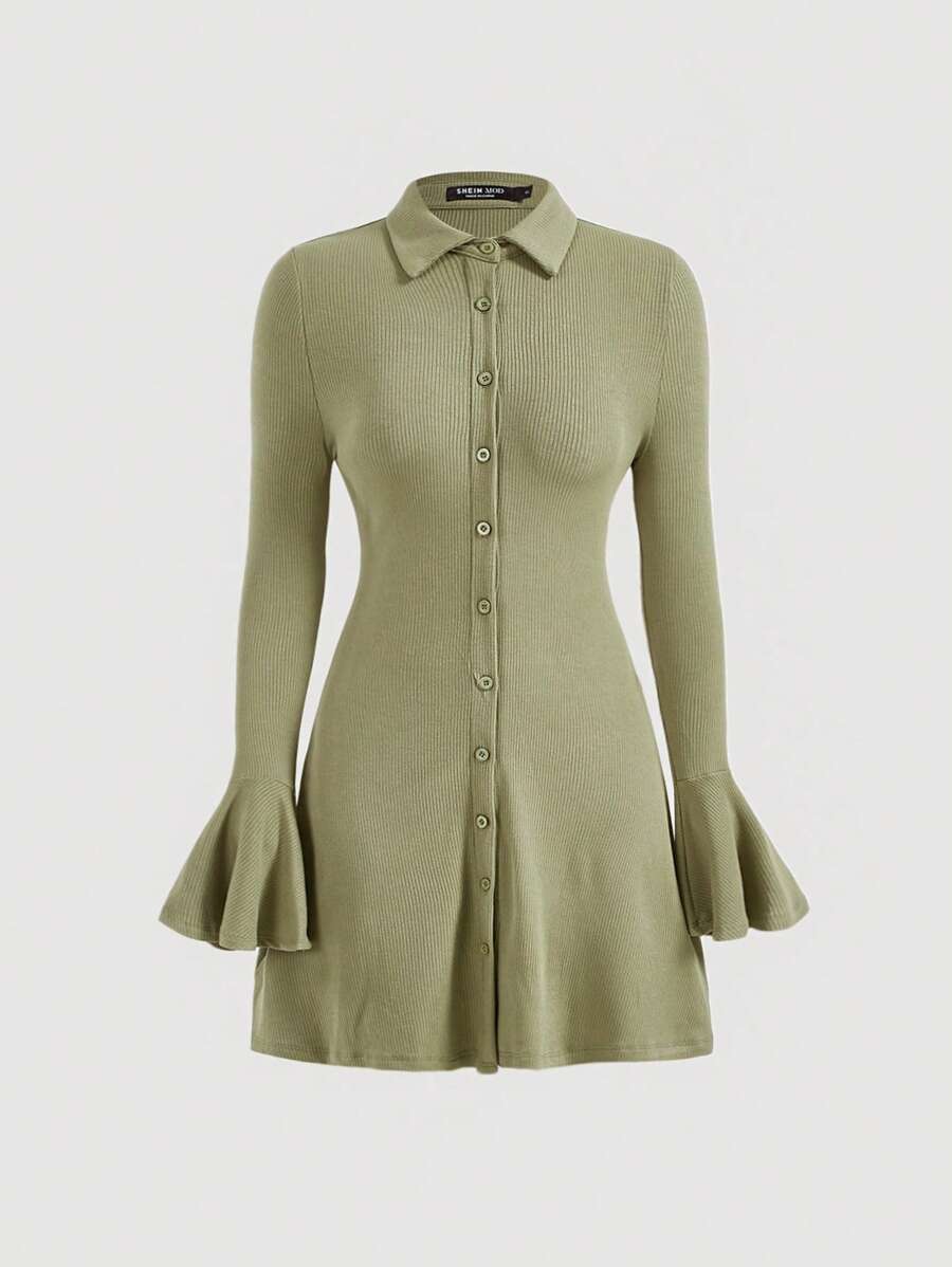 SHEIN MOD Flounce Sleeve Button Front Ribbed Knit Bodycon Dress | SHEIN USA