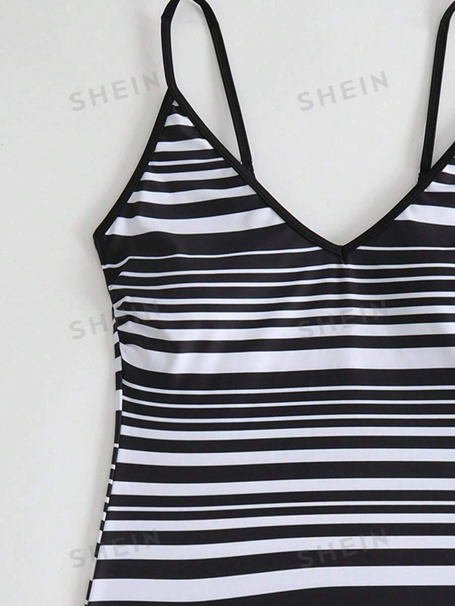 SHEIN Swim Summer Beach Striped Tankini Set Cami Top & Shorts 2 Piece ...