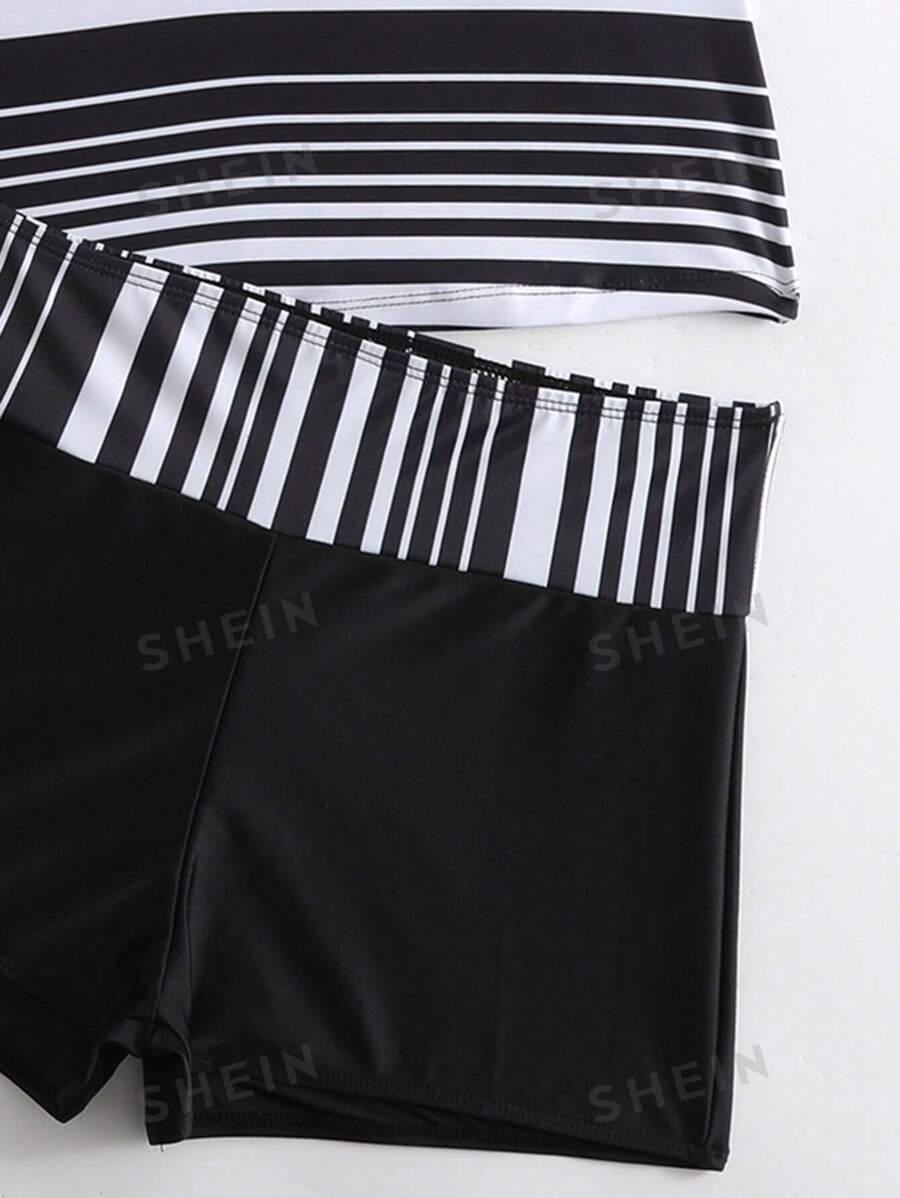 SHEIN Swim Summer Beach Striped Tankini Set Cami Top & Shorts 2 Piece ...
