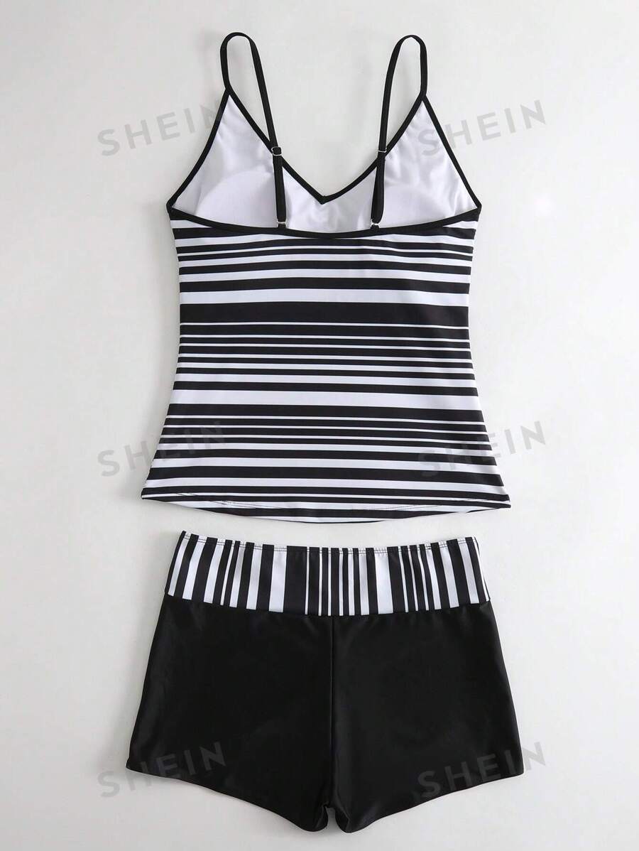 SHEIN Swim Summer Beach Striped Tankini Set Cami Top & Shorts 2 Piece ...