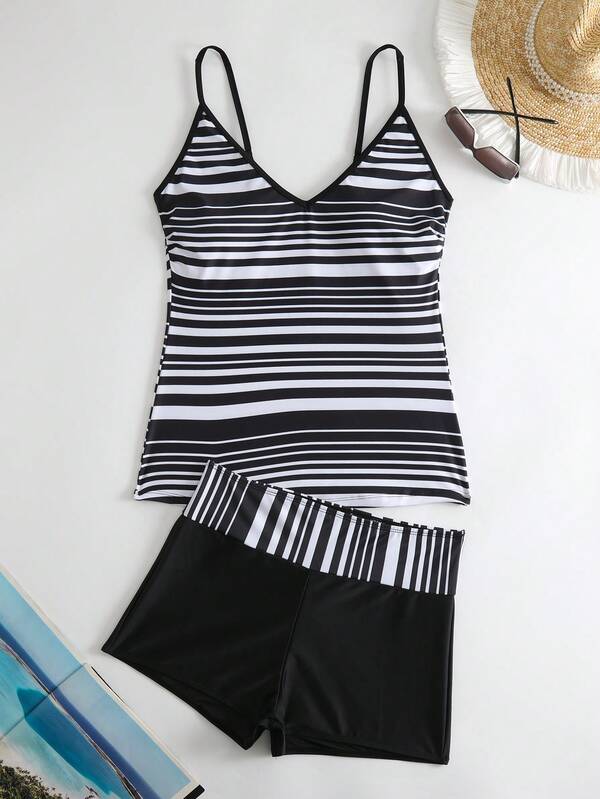 SHEIN Swim Classy Striped Tankini Set Cami Top & Shorts 2 Piece Western ...
