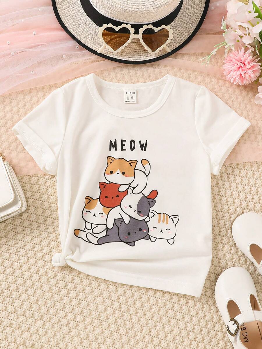 SHEIN Kids QTFun Toddler Girl's Cute Cat Stack Design T-shirt For ...