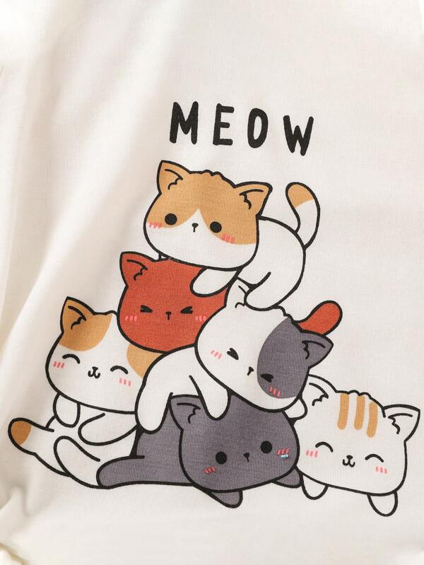 SHEIN Kids QTFun Toddler Girl's Cute Cat Stack Design T-shirt For ...