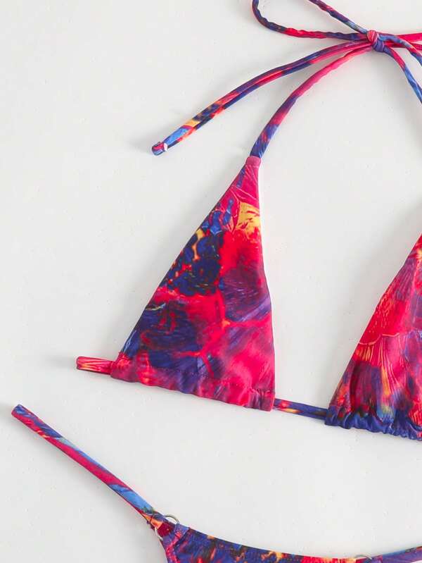 Shein Shein Swim Sxy Tie Dye Print Halter Triangle Thong Bikini