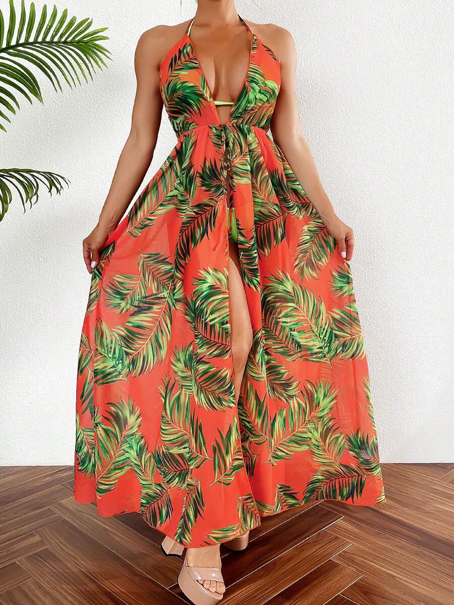 SHEIN Swim Tropical Print Tie Backless Halter Neck Cover Up Dress ...