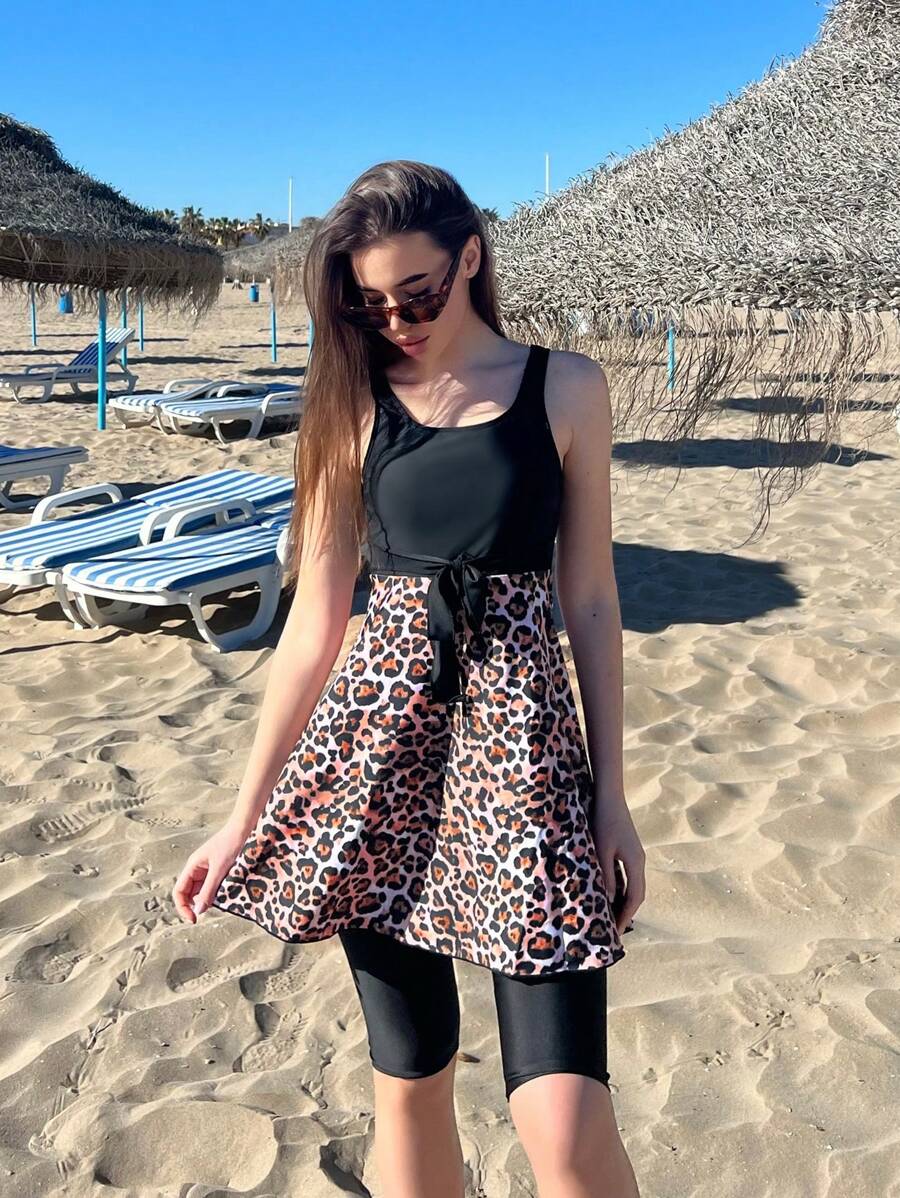 Leopard Print Swim Dress With Cover Up Summer Beach | SHEIN USA