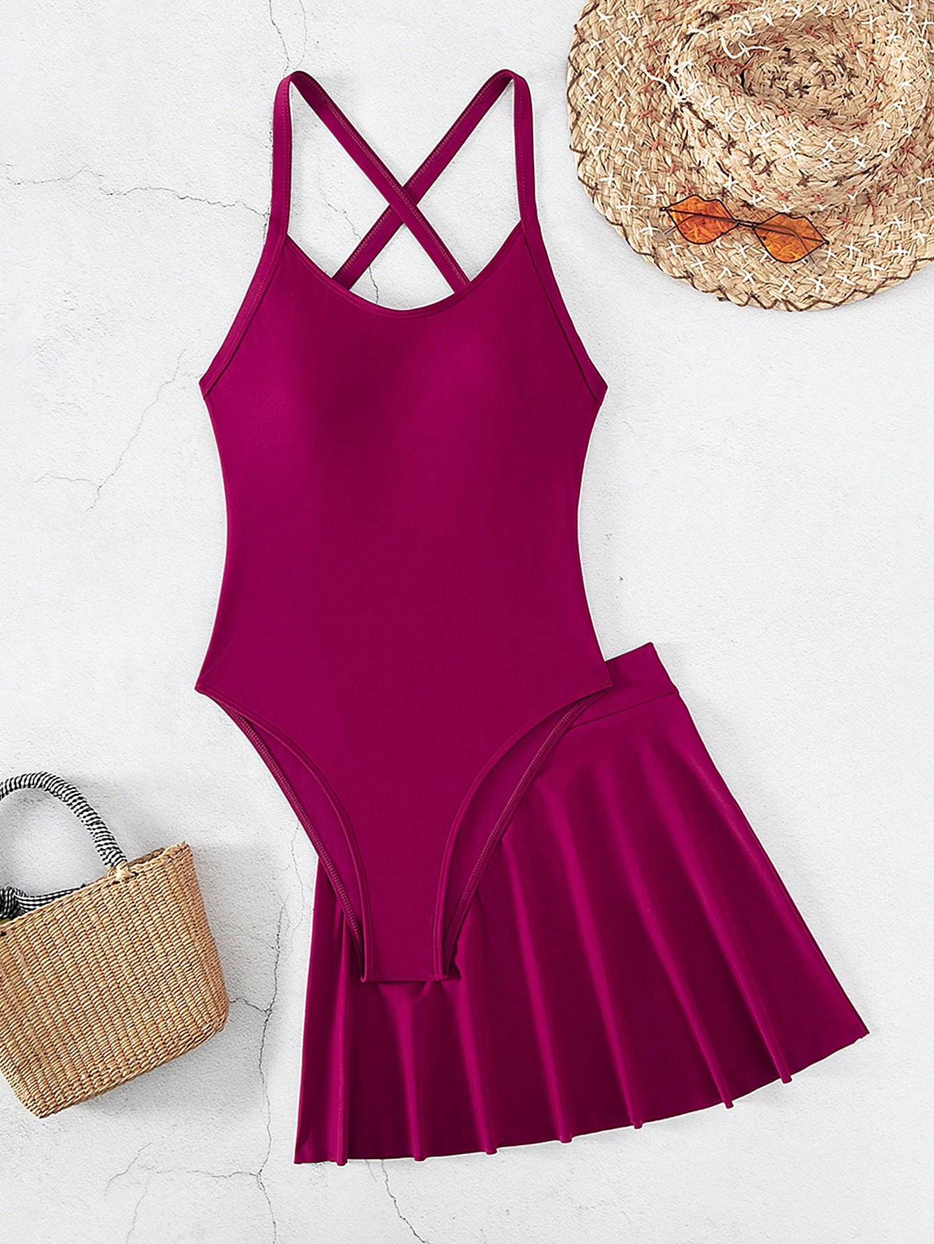 Shein Swim Vcay Criss Cross One Piece Swimsuit With Beach Skirt Shein Usa